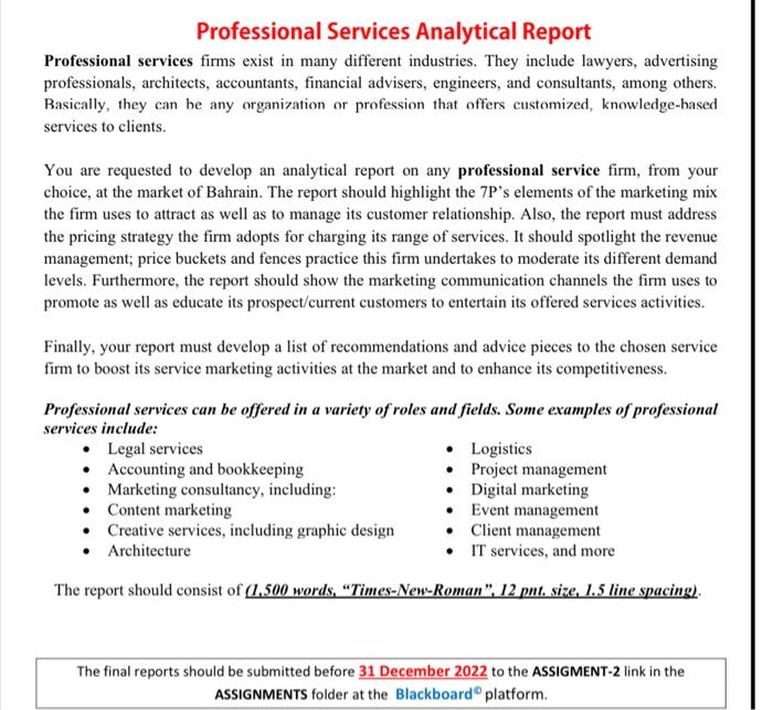 Solved Professional Services Analytical Report Professional | Chegg.com