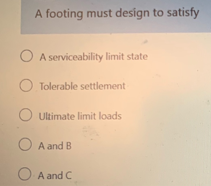 Solved A footing must design to satisfy O A serviceability | Chegg.com