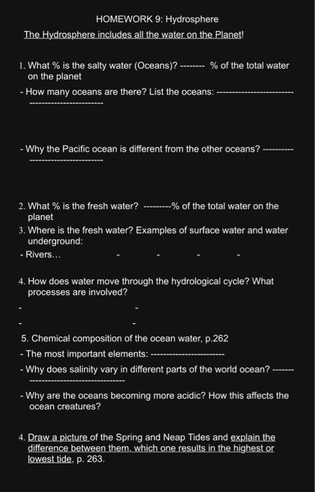 Solved HOMEWORK 9: Hydrosphere The Hydrosphere includes all | Chegg.com
