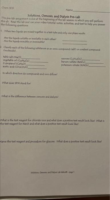 Solved Solutions, Osmosis, and Dialysis Pre-Lab This pre-lab | Chegg.com