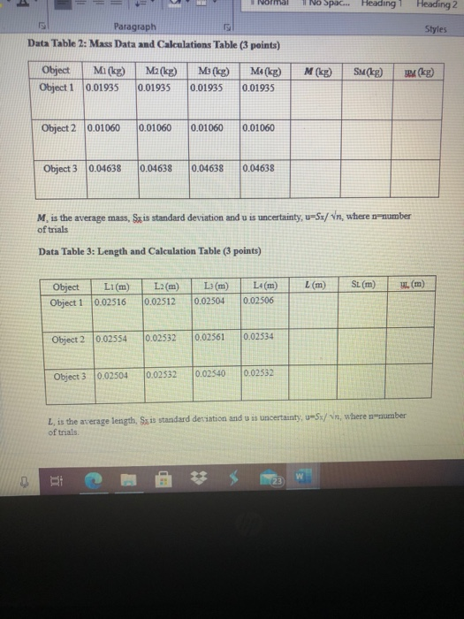 Solved Data Table 2: Mass Data and Calculations Table (3 | Chegg.com