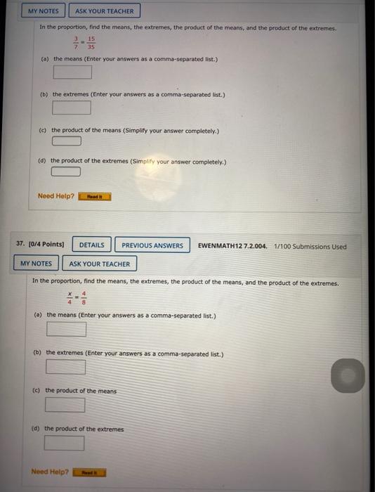 Solved MY NOTES ASK YOUR TEACHER In the proportion, find the | Chegg.com