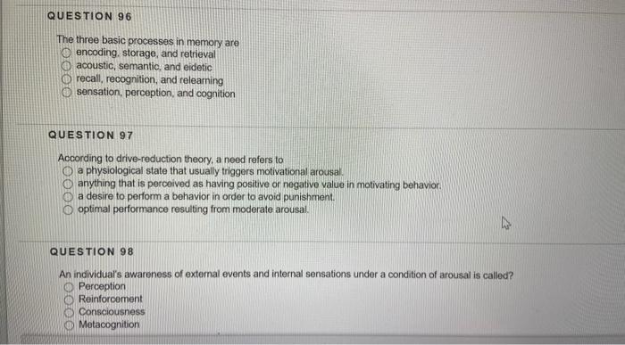Solved QUESTION 96 The three basic processes in memory are | Chegg.com