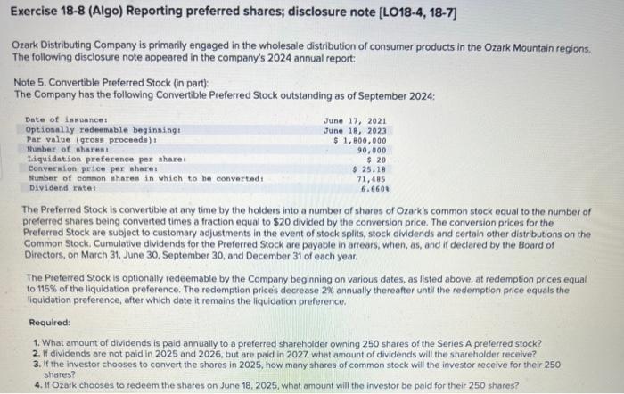 Solved Exercise 18-8 (Algo) Reporting preferred shares; | Chegg.com