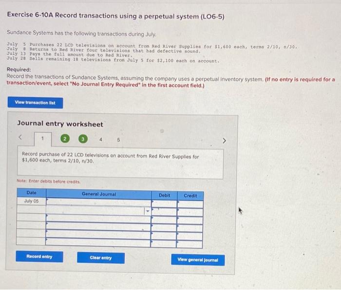 Solved Exercise 6-10A Record transactions using a perpetual | Chegg.com