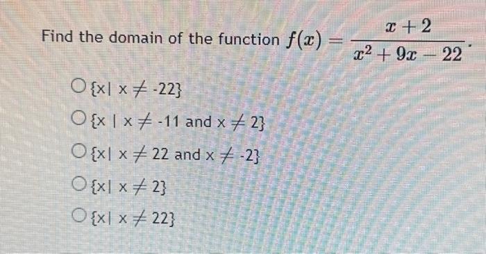 Solved Find the domain of the function f(x)=x2+9x−22x+2. | Chegg.com
