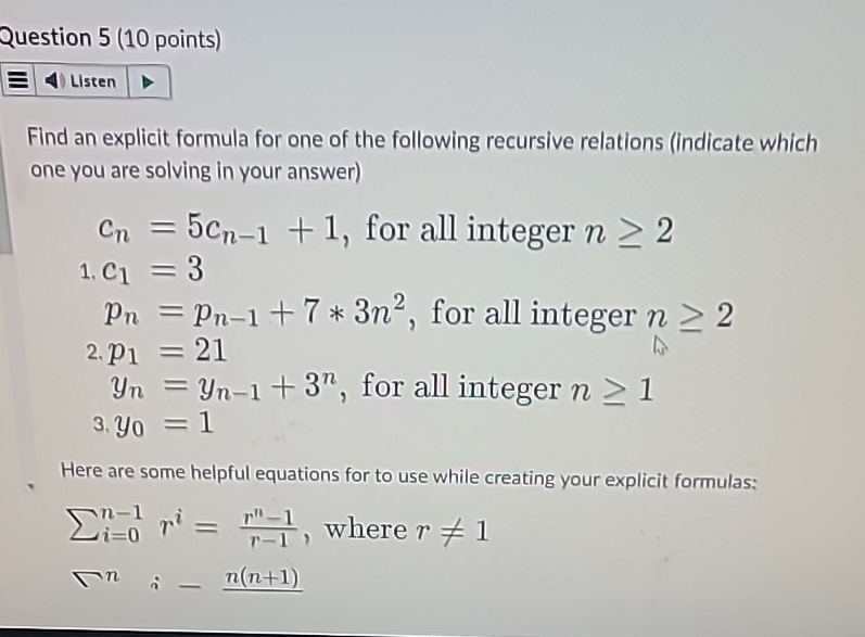 Solved Question 5 (10 points)Find an explicit formula for | Chegg.com Solved Question 5 (10 points)Find an explicit formula for | Chegg.com
