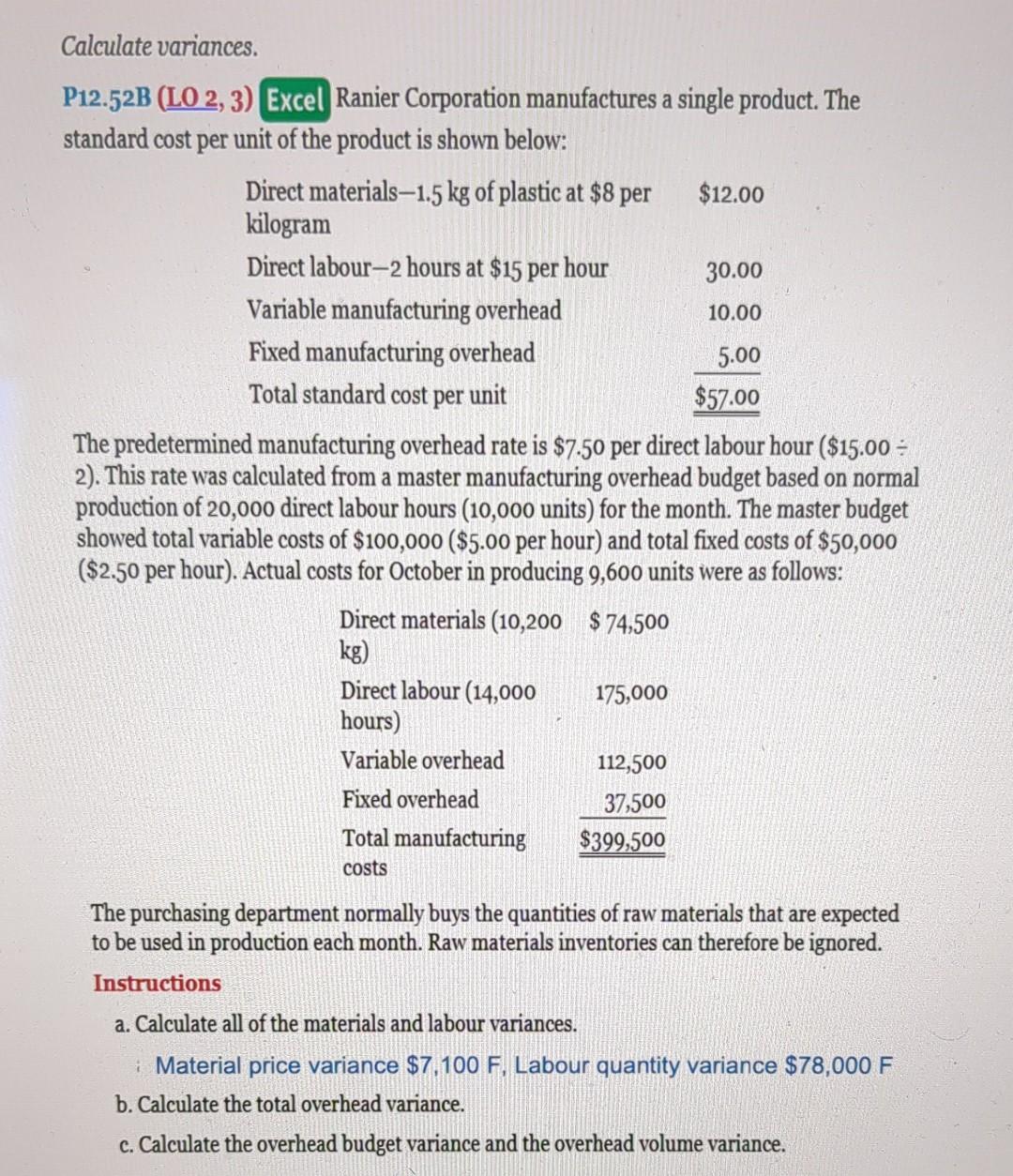 Solved Calculate variances. P12.52B (LO 2, 3) Excel Ranier | Chegg.com