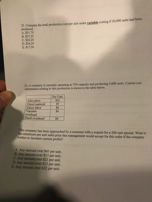 Solved 21. Compute the total production cost per unit under | Chegg.com