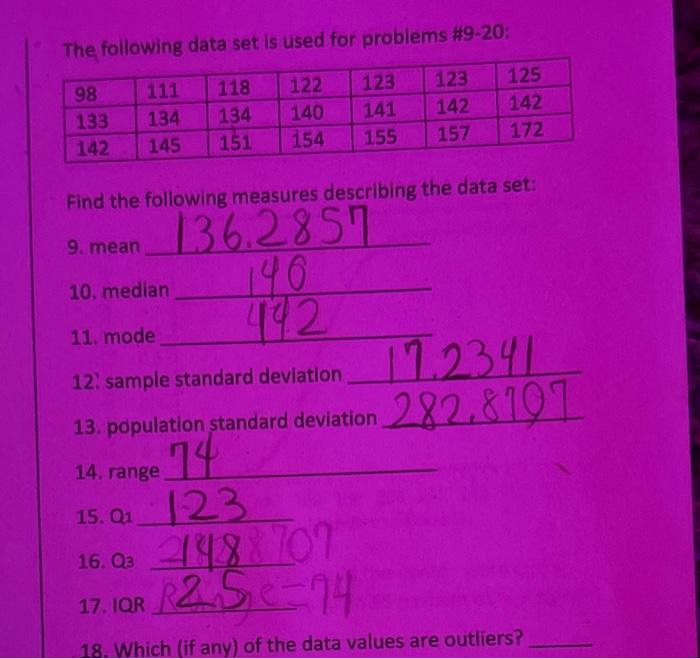 Solved The following data set is used for problems \#9-20: | Chegg.com