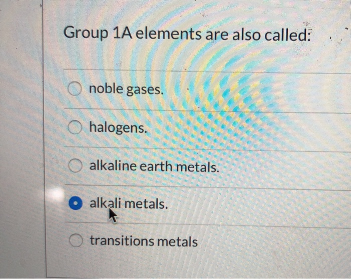 Solved Group 1A elements are also called: . noble gases. O | Chegg.com