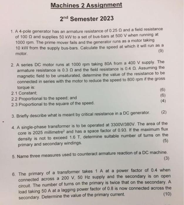 Solved Machines 2 Assignment 2nd Semester 2023 1. A 4-pole | Chegg.com