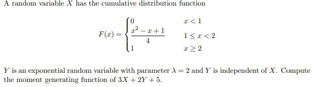 Solved A random variable X has the cumulative distribution | Chegg.com