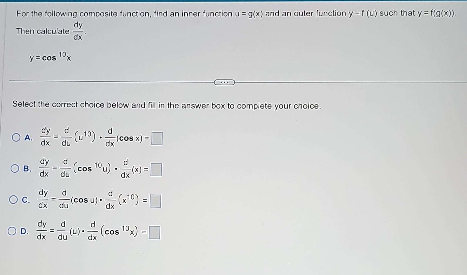Solved For the following composite function, find an inner | Chegg.com
