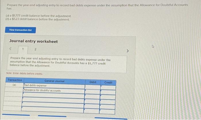 Solved Prepare the year-end adjusting entry to record bad | Chegg.com