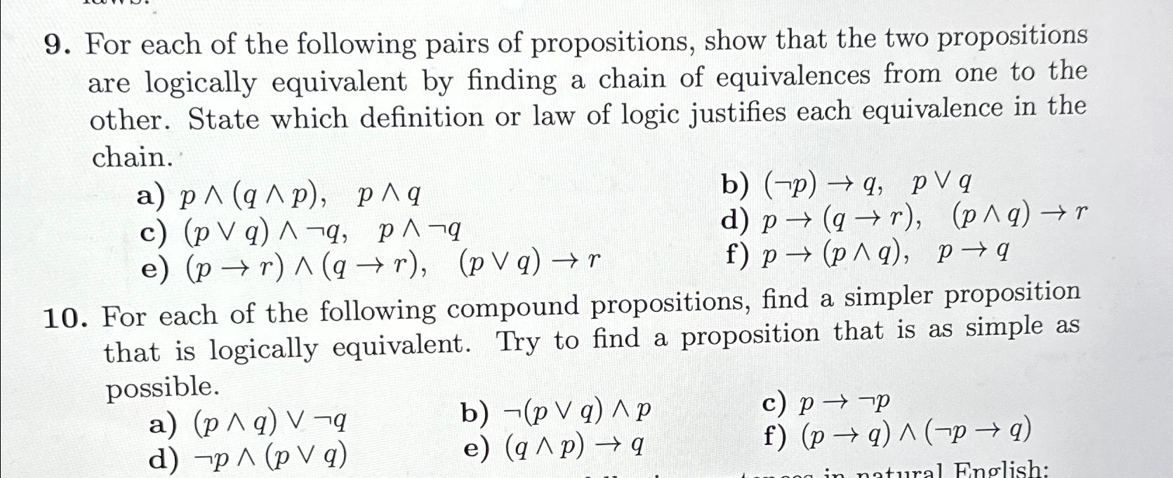 Solved For each of the following pairs of propositions, show | Chegg.com