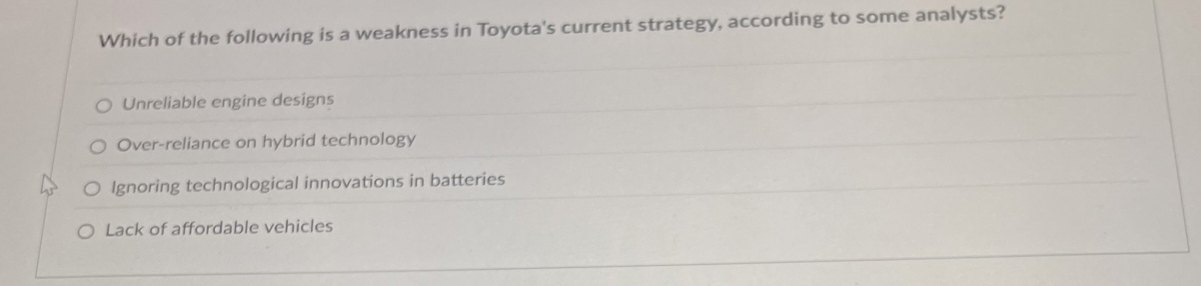 Solved Which of the following is a weakness in Toyota's | Chegg.com