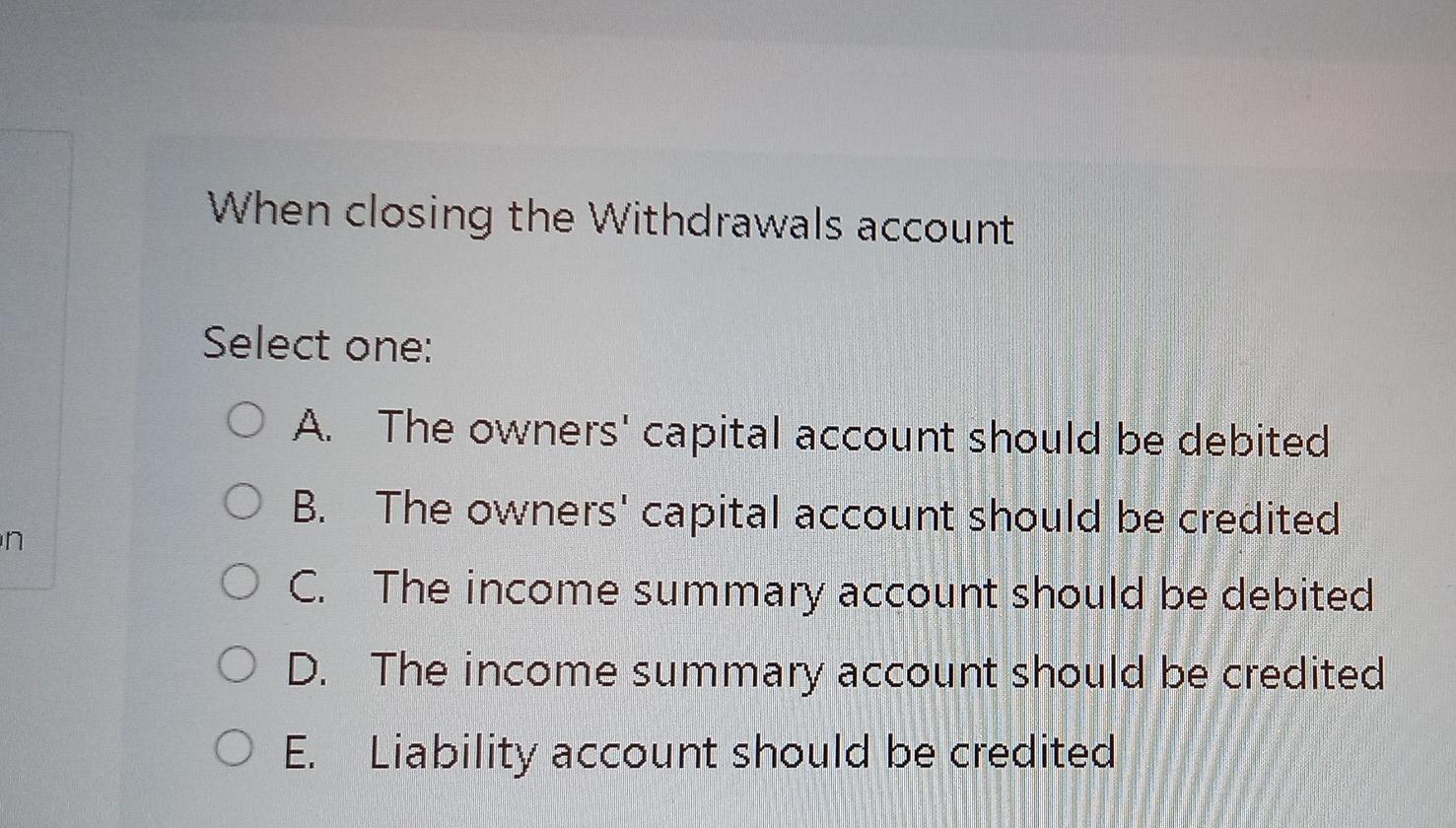 Solved When closing the Withdrawals account Select one: O A. | Chegg.com