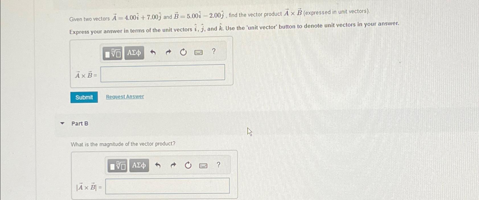 Solved Given two vectors vec(A)=4.00hat(i)+7.00hat(j) and | Chegg.com