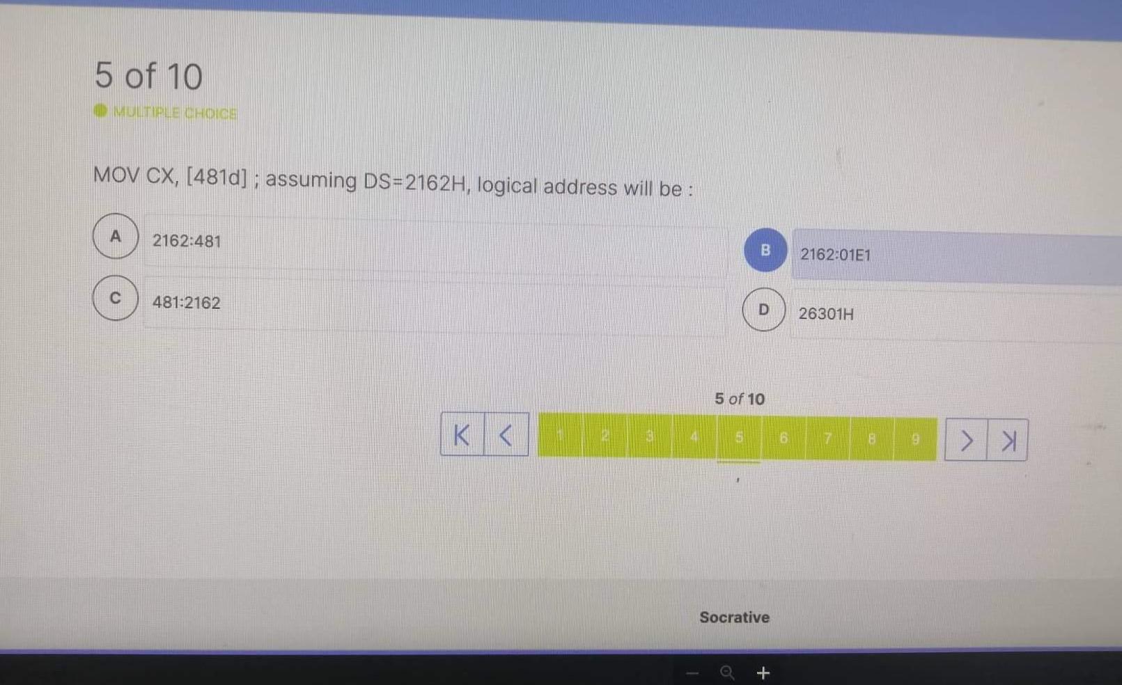 Solved MOV CX, [481d] ; assuming DS =2162H, logical address | Chegg.com