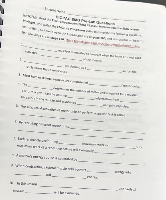 Solved Student Name:BIOPAC EMG Pre-Lab Questions Directions: | Chegg.com