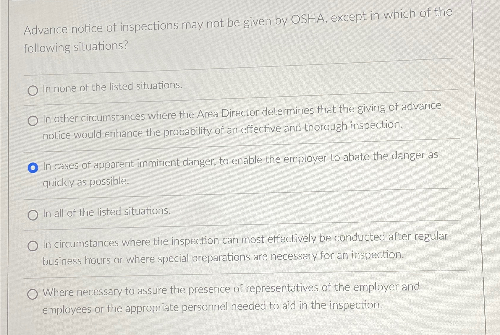 Solved Advance notice of inspections may not be given by | Chegg.com