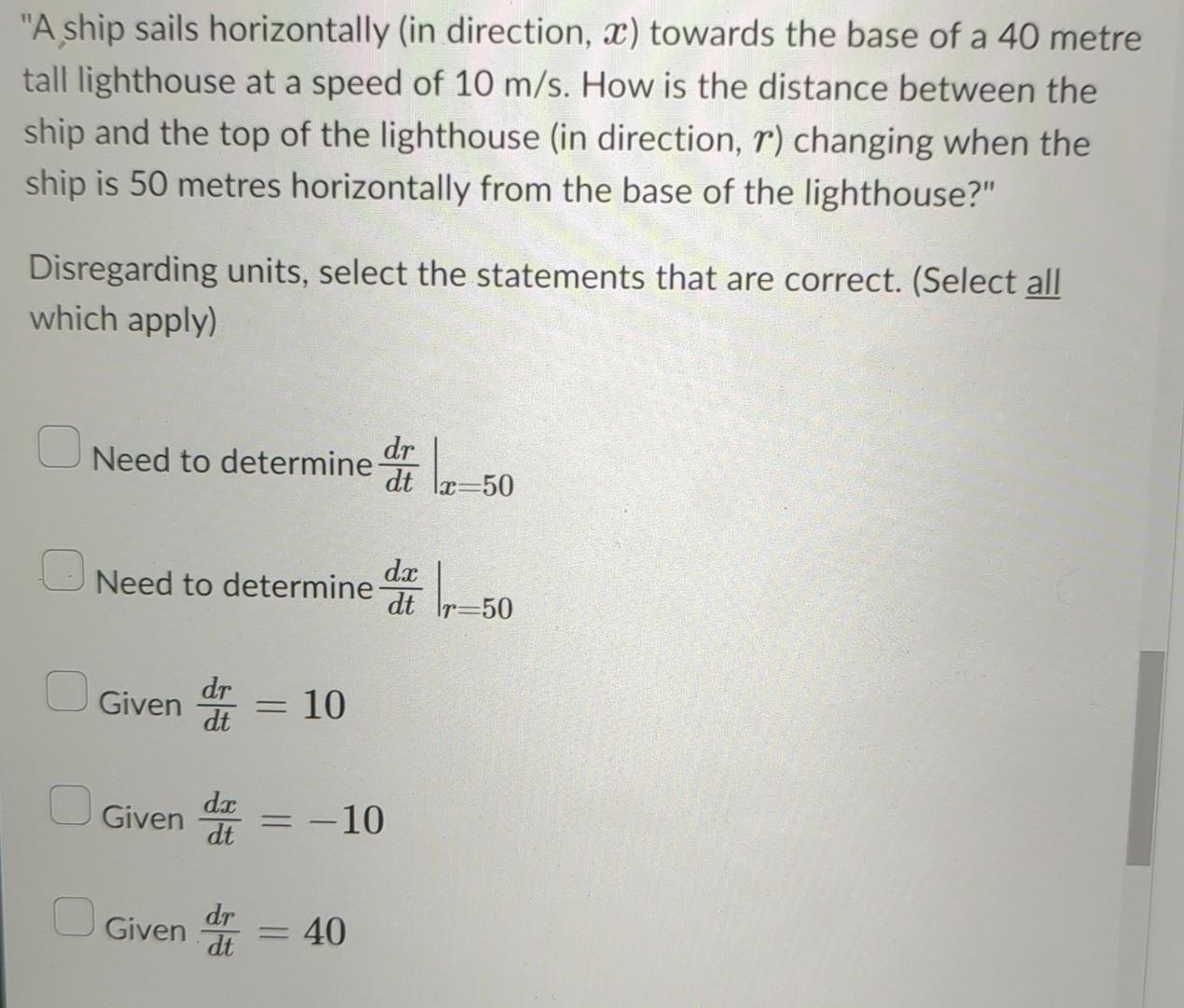 Solved "A ship sails horizontally (in direction, x ) towards | Chegg.com