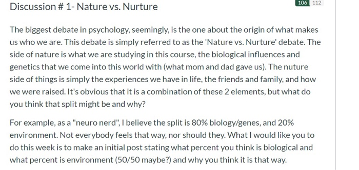 Solved 106 112 Discussion #1- Nature vs. Nurture The biggest | Chegg.com