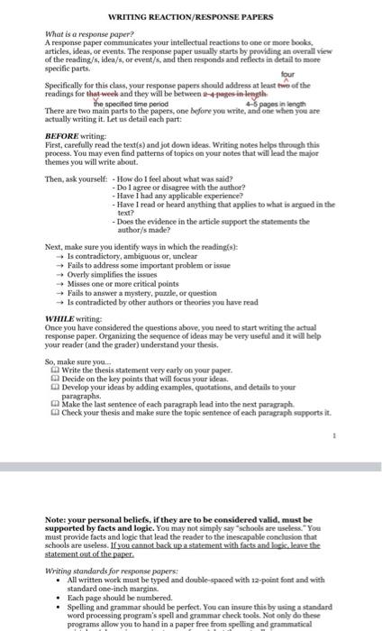 WITTING REACTION/RESPONSE PAPERS What is a nespense | Chegg.com