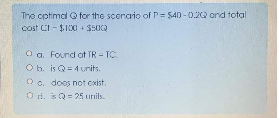 Solved The optimal Q ﻿for the scenario of P=$40-0.2Q ﻿and | Chegg.com
