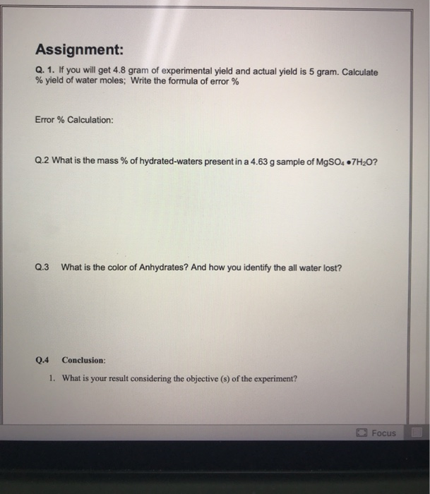Solved Table A Experiment #4: Percentage of water in | Chegg.com