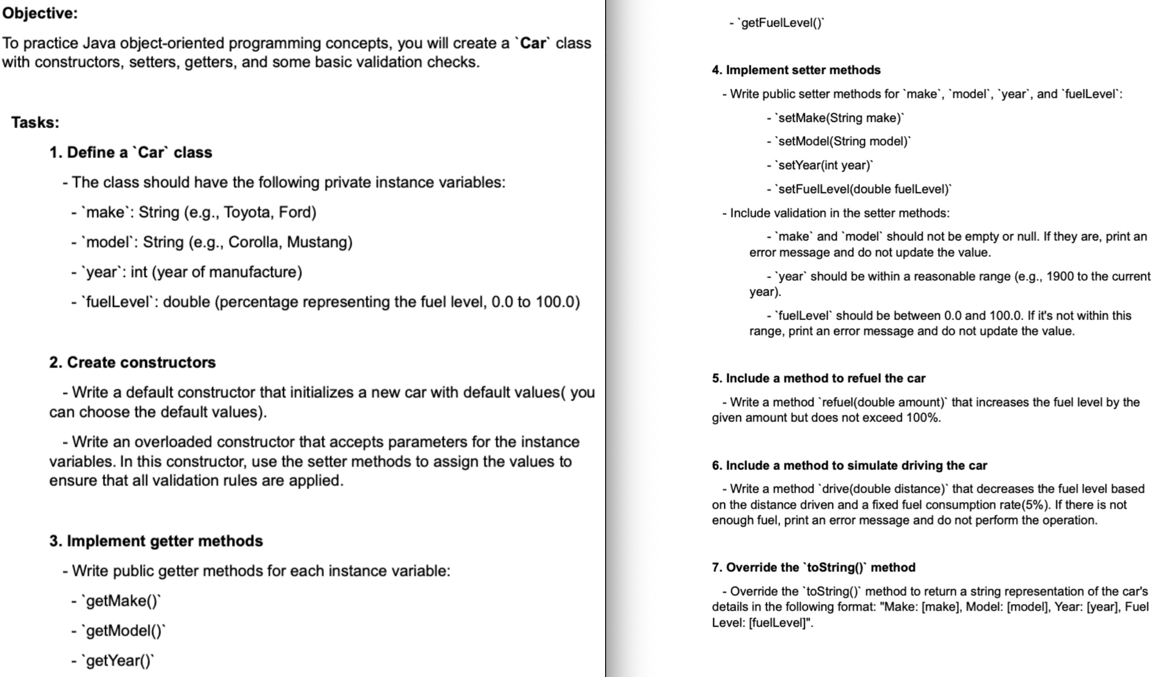 Solved "getFuelLevel()"Implement setter methodsWrite public | Chegg.com