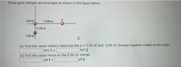 [Solved]: Three point charges are arranged as shown in the