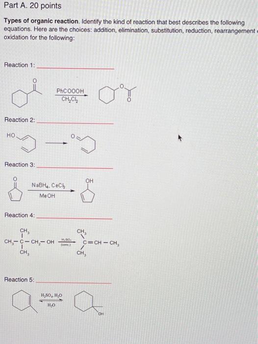 Solved Part A. 20 points Types of organic reaction. Identify | Chegg.com
