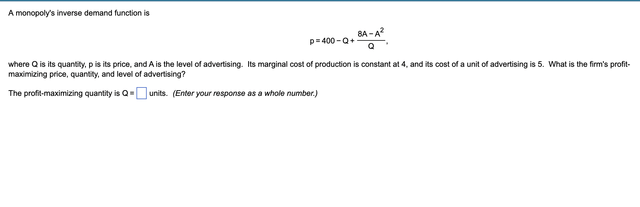 Solved A monopoly's inverse demand function | Chegg.com