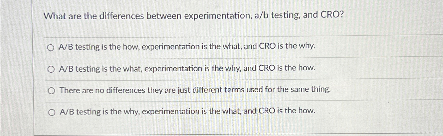 Solved What are the differences between experimentation, ab | Chegg.com