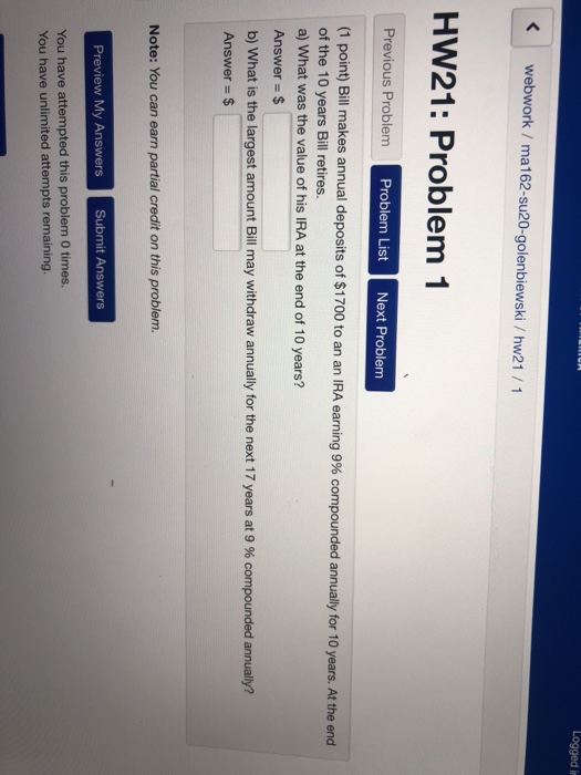 Solved Logged in webwork / ma162-su20-golenbiewski /hw21/1 | Chegg.com