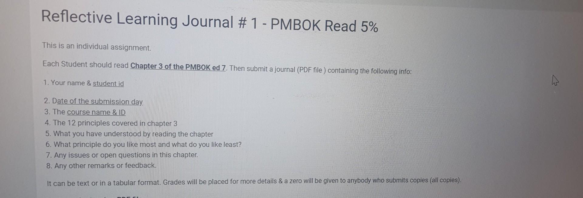 Solved Reflective Learning Journal \# 1 - PMBOK Read 5% This | Chegg.com