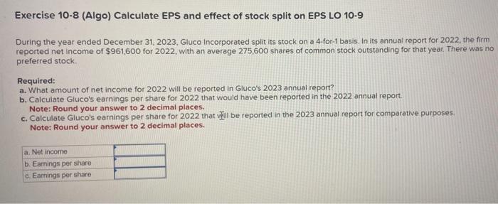 Solved Exercise 10-8 (Algo) Calculate EPS and effect of | Chegg.com