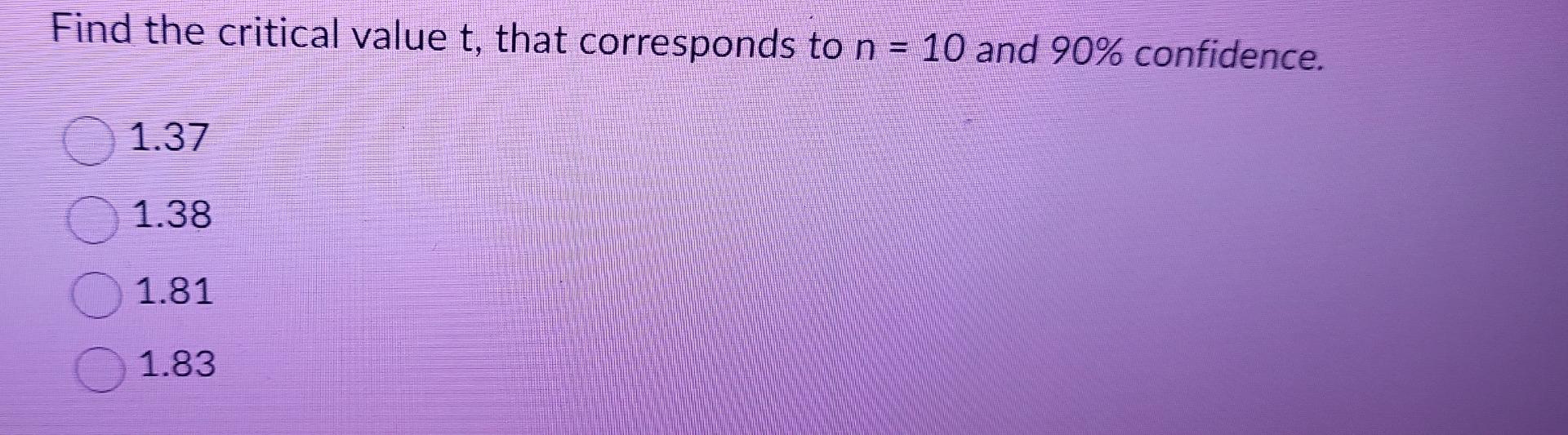 Solved Find the critical value t, that corresponds to n=10 | Chegg.com