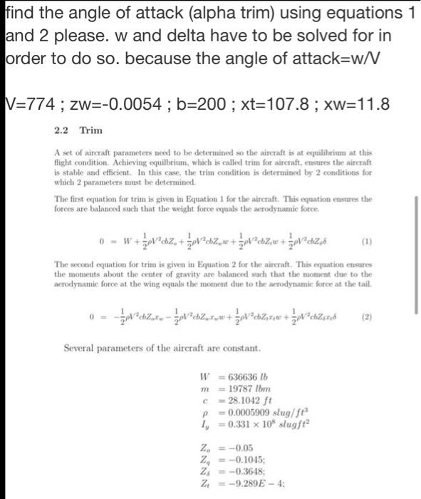 Solved find the angle of attack (alpha trim) using equations | Chegg.com
