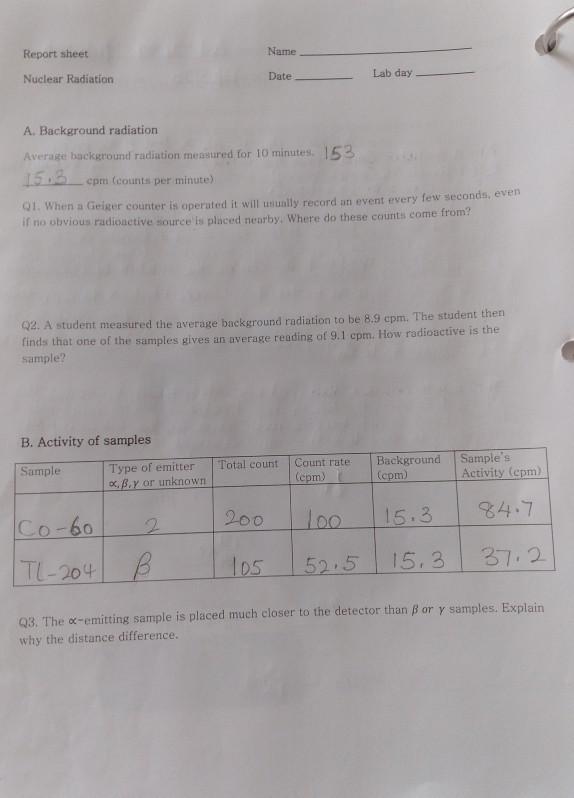 Solved Report sheet Name Date Nuclear Radiation Lab day A. | Chegg.com