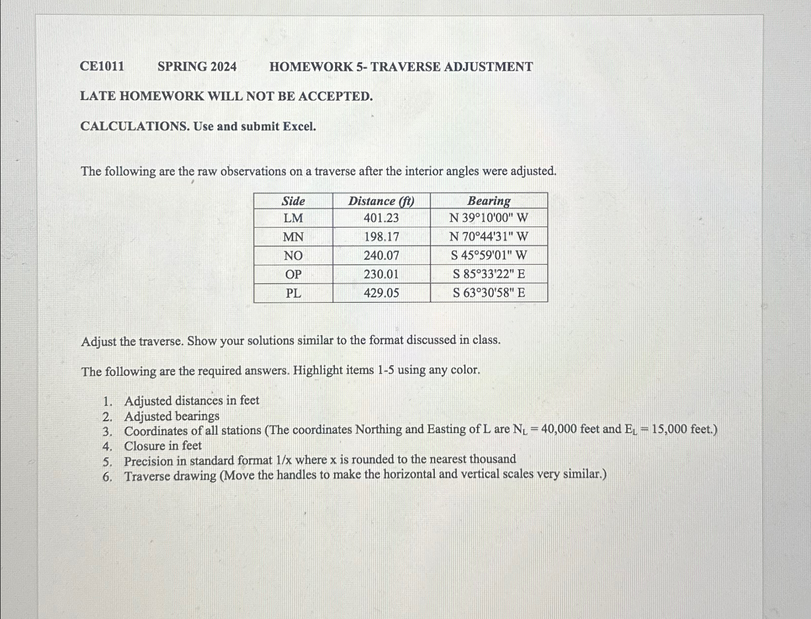 Solved CE1011SPRING 2024HOMEWORK 5- ﻿TRAVERSE ADJUSTMENTLATE | Chegg.com