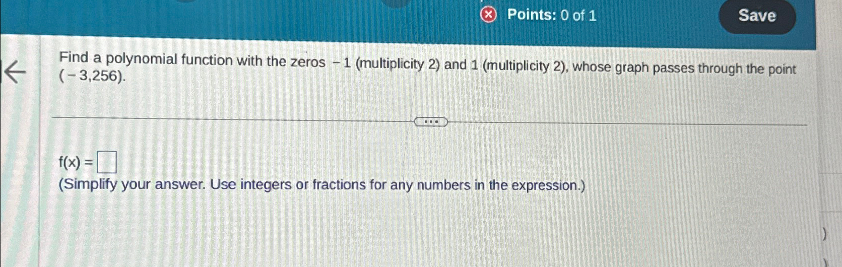 Solved Points: 0 ﻿of 1Find a polynomial function with the | Chegg.com