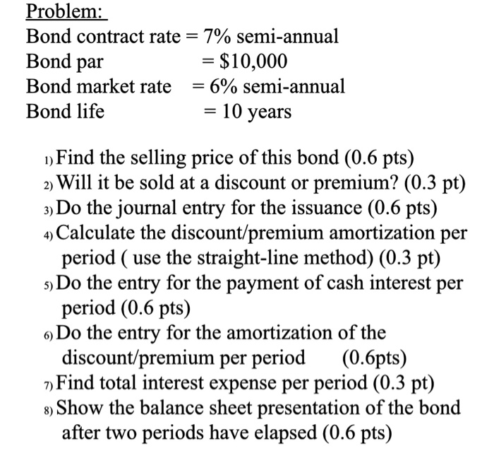 Solved Problem: Bond contract rate = 7% semi-annual = | Chegg.com
