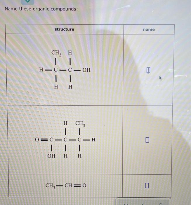 Solved Name these organic compounds: structure name CHZH | Chegg.com