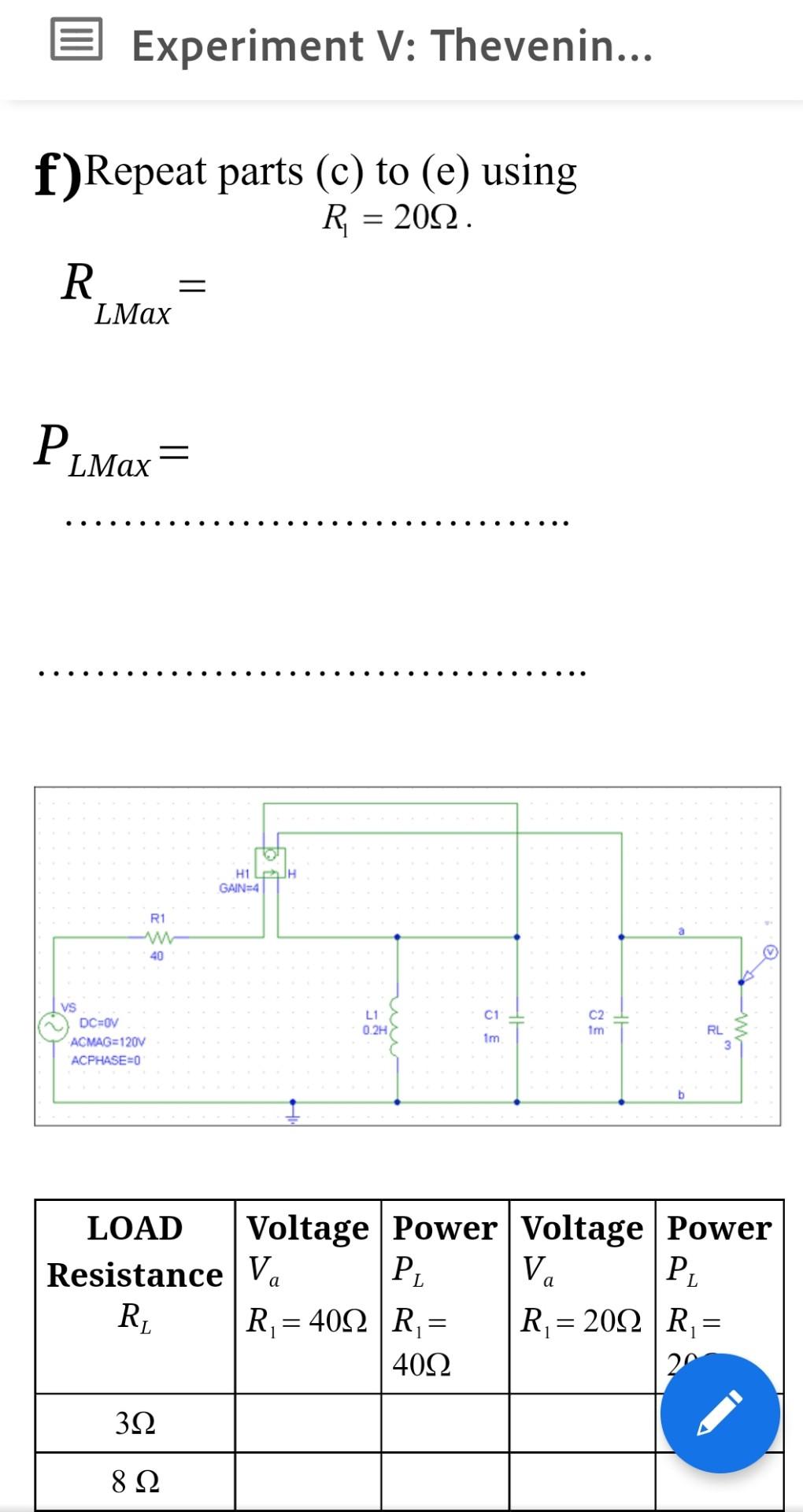 Experiment V: Thevenin Theorem and Maximum Power | Chegg.com