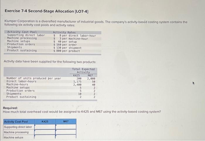 Solved Exercise 7-4 Second-Stage Allocation [LO7-4] Klumper | Chegg.com