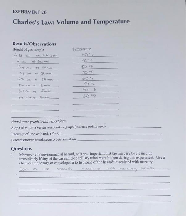 Solved EXPERIMENT 20 Charles's Law: Volume and Temperature | Chegg.com