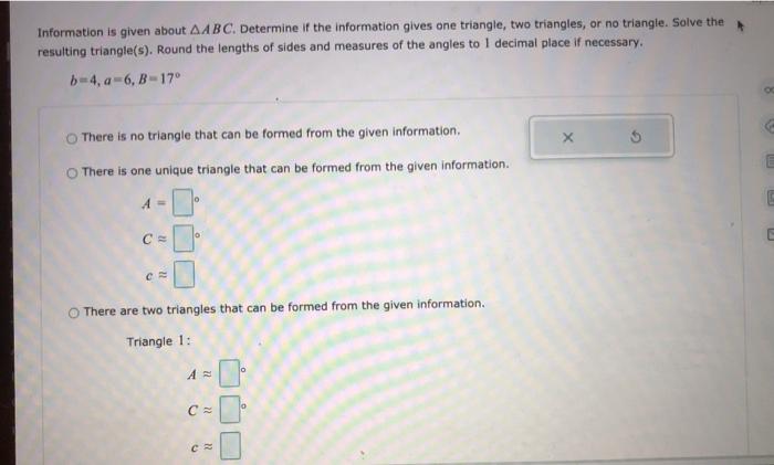 Solved Information is given about AABC. Determine if the | Chegg.com